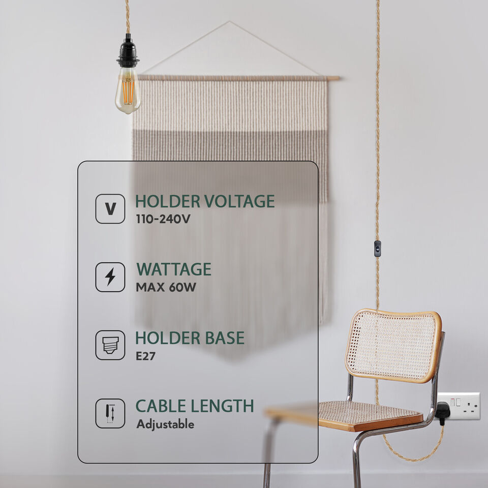 Adjustable Hemp Rope UK Plug Hanging Pendant Light | Vintagelite.co.uk
